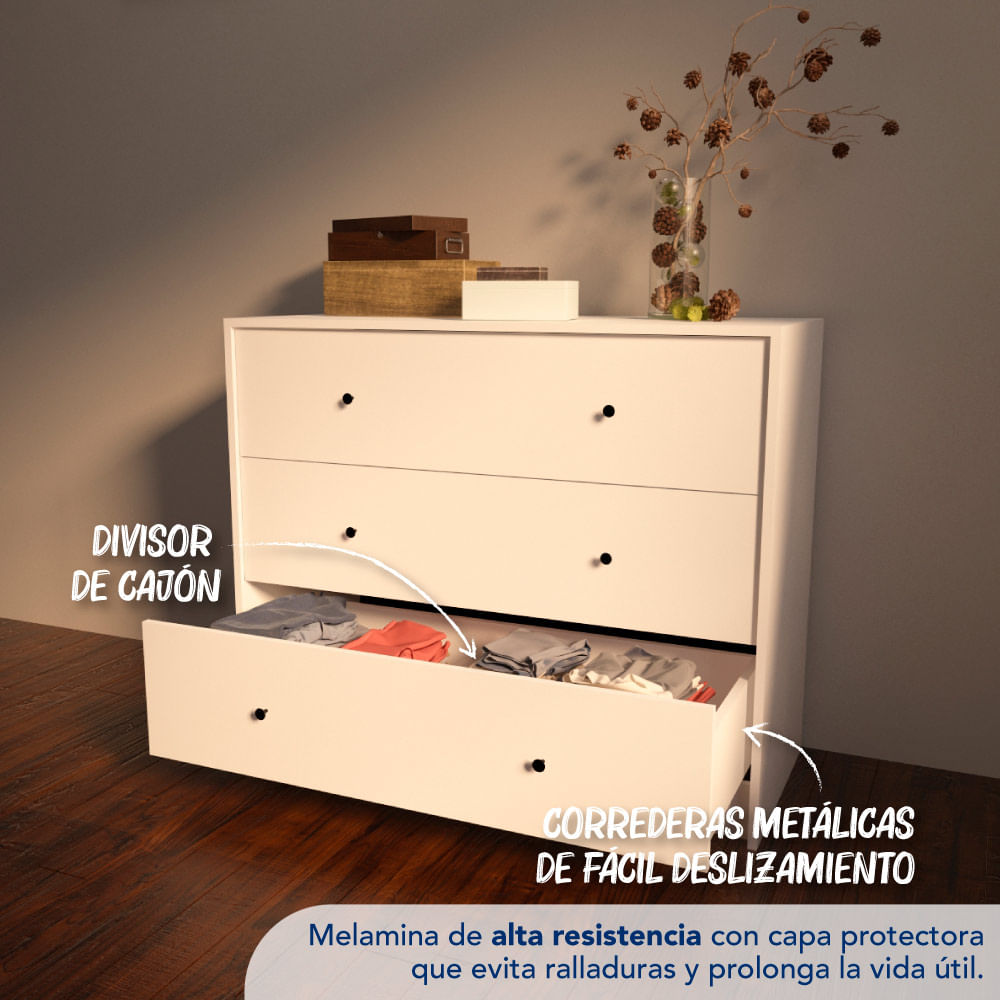 Cómoda 100x43x83 Cm Blanco 3 Cajones Libe Centro Estant - Easy